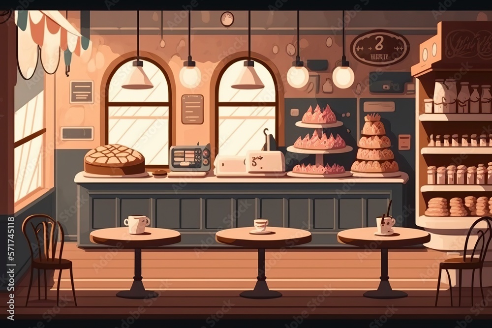 cartoon illustration, interior of a coffee shop, with wooden tables, ai ...