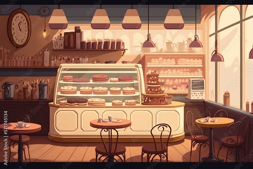 cartoon illustration, interior of a coffee shop, with wooden tables, ai ...