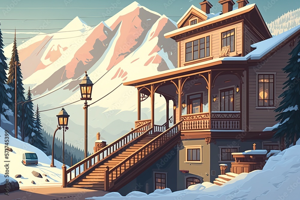 cartoon illustration, chalet or lodge on mountain ski resort with ...