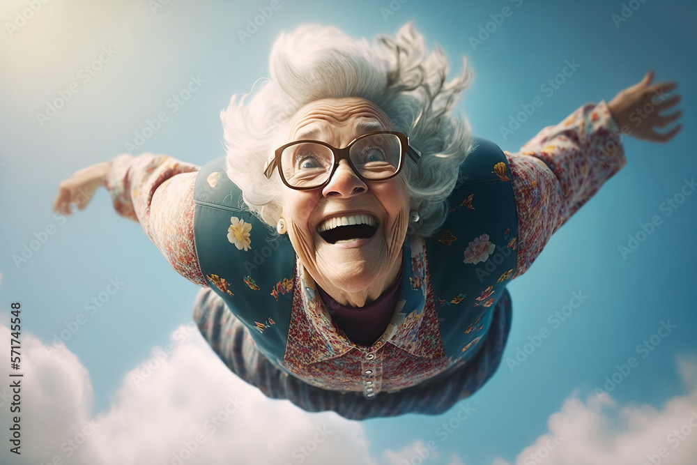 Person in the sky, old granny falling from the sky. Descending from the ...