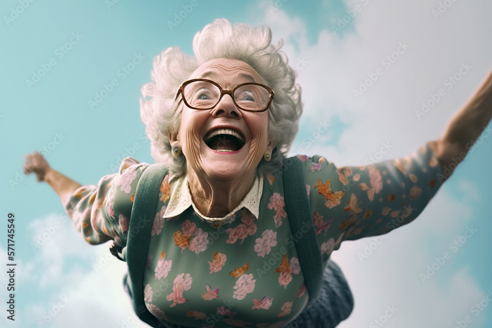 Person in the sky, old granny falling from the sky. Descending from the ...
