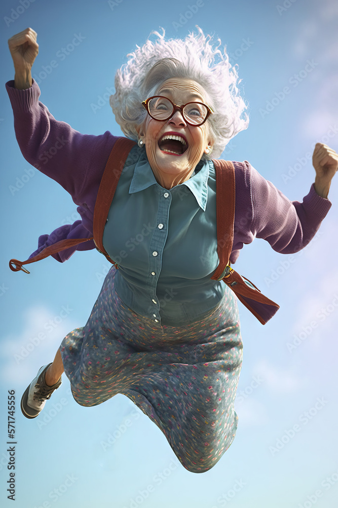 Person in the sky, old granny falling from the sky. Descending from the ...