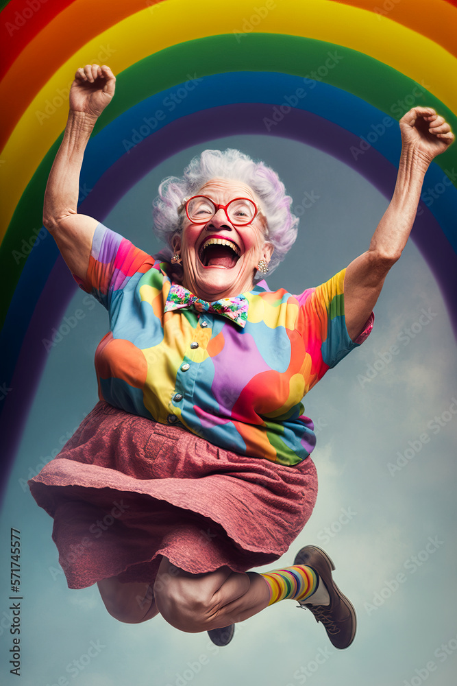 Person in the rainbow, old granny falling from the sky. Descending from ...
