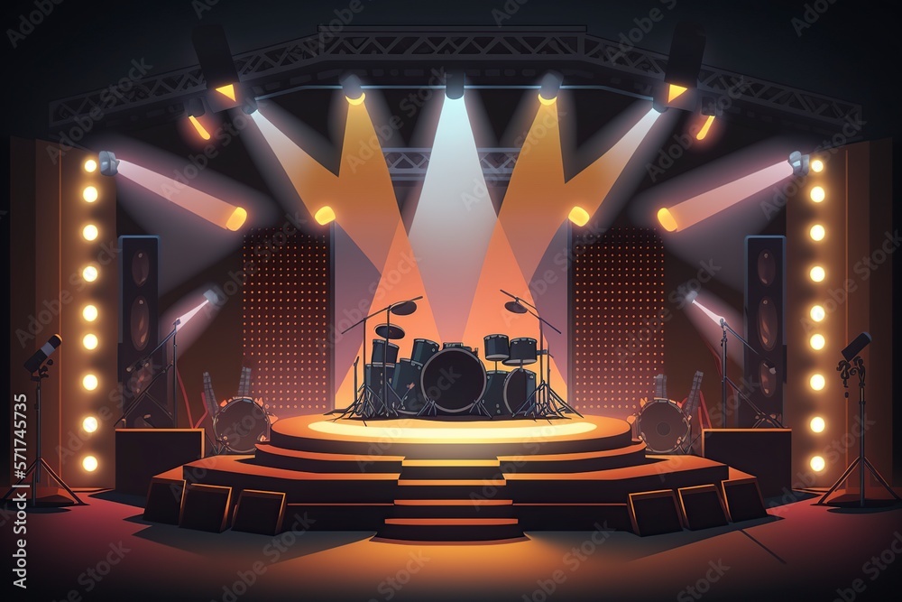 cartoon illustration, concert stage with bright decoration and ...