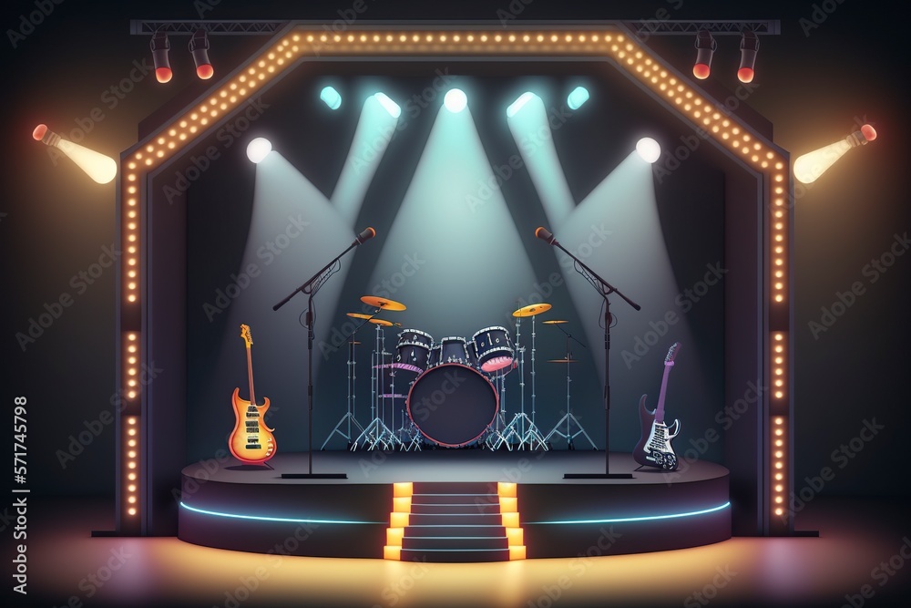 cartoon illustration, concert stage with bright decoration and ...