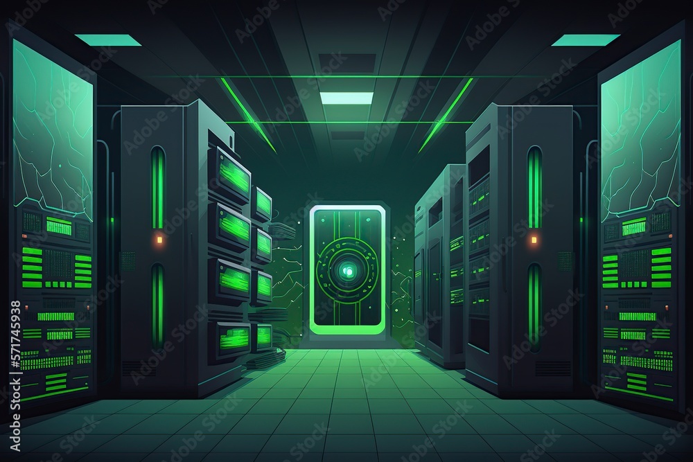 cartoon illustration, interior of futuristic data center or server room ...