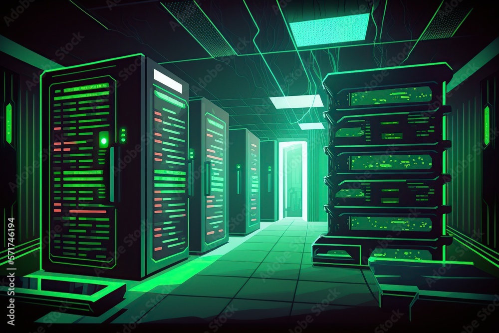 cartoon illustration, interior of futuristic data center or server room ...