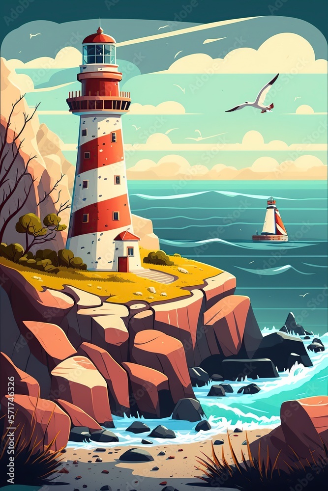 cartoon illustration, lighthouse on the sea coast, ai generative Stock ...