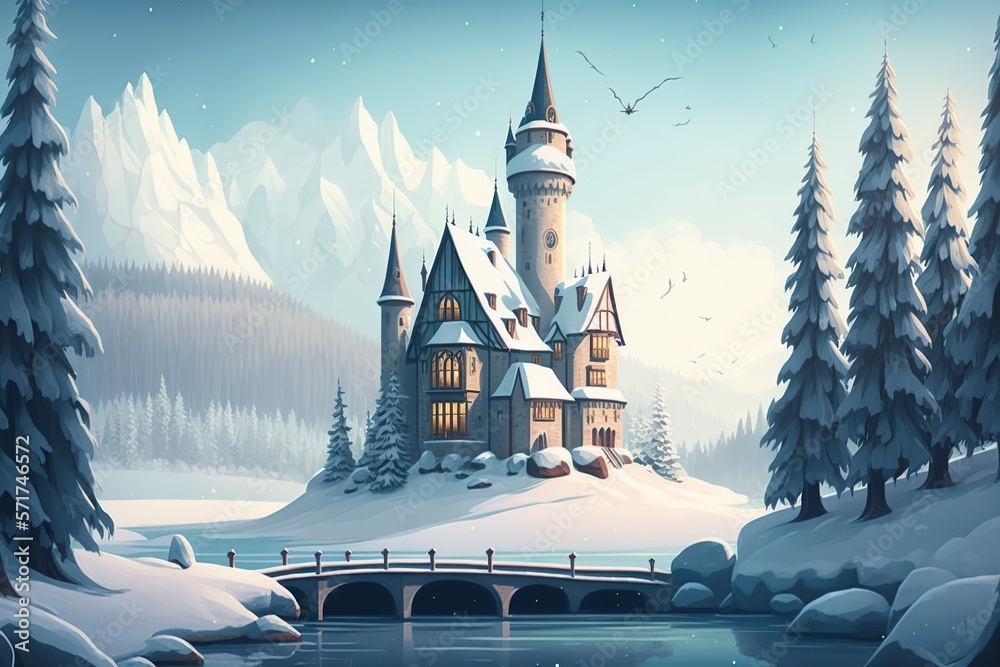 cartoon illustration, a magic castle in the fairy tale of the frozen ...