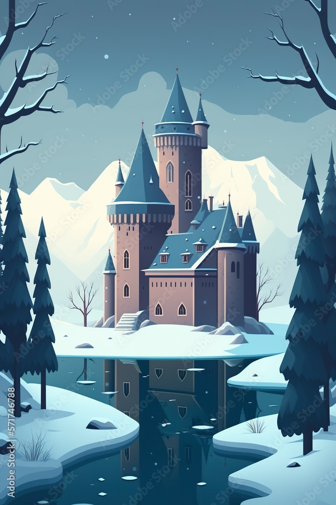 cartoon illustration, a magic castle in the fairy tale of the frozen ...