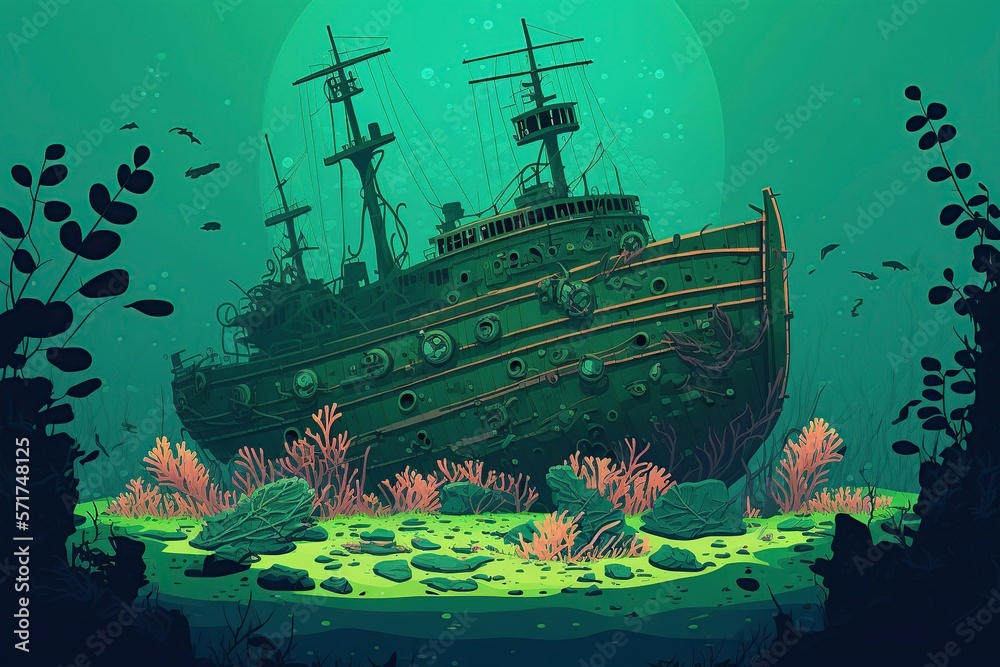 cartoon illustration, sunken steamship wreck in the ocean, ai ...