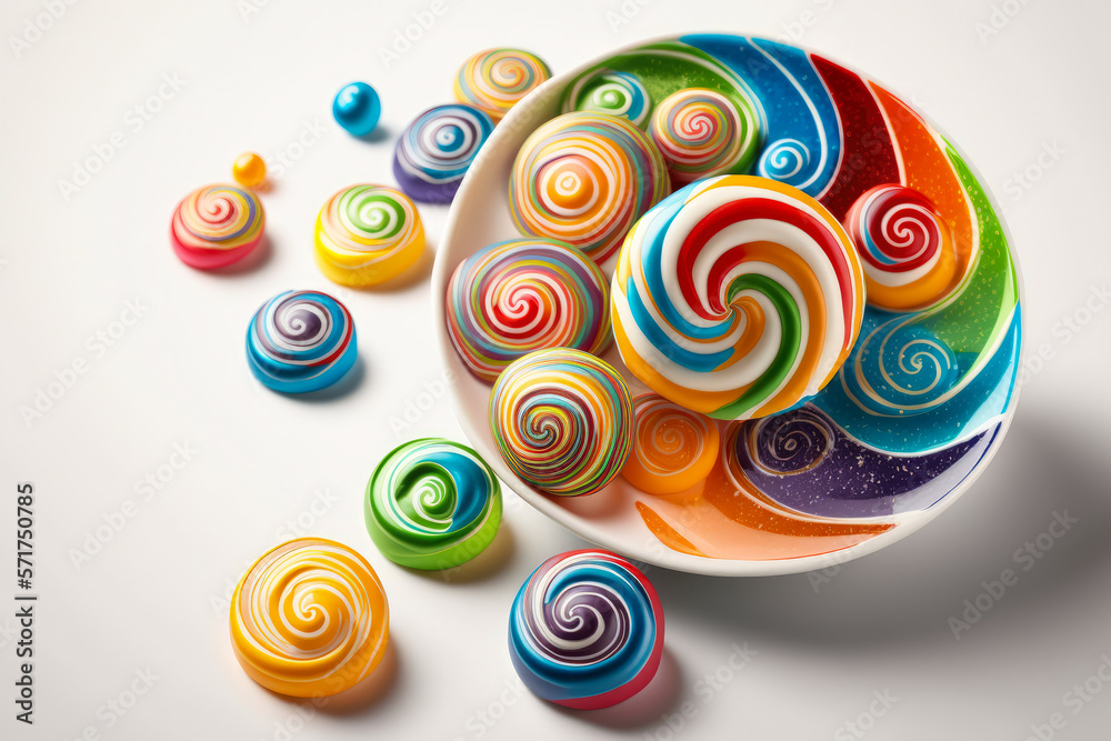 Colorful candy swirls on a white background with negative space ...