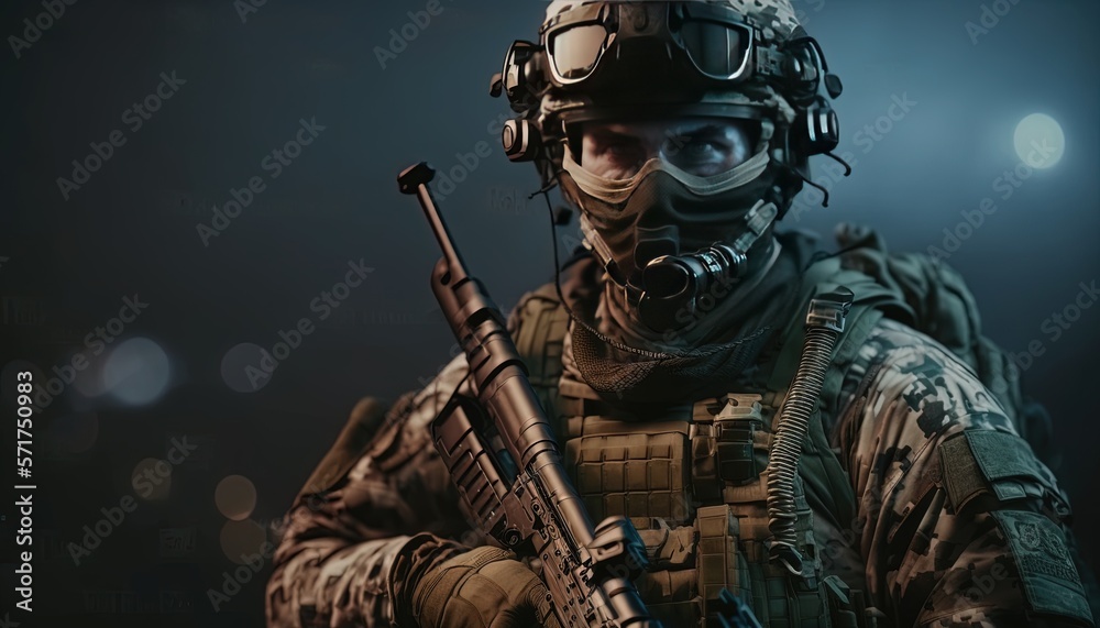 black ops Special forces soldier with rifle on dark background by ai ...