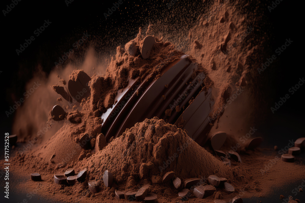 pile of dark chocolate pieces with cocoa powder dusting, generative ai ...