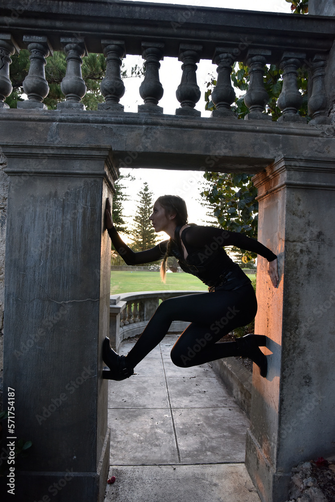 Portrait of beautiful female model with blonde plait, wearing black ...
