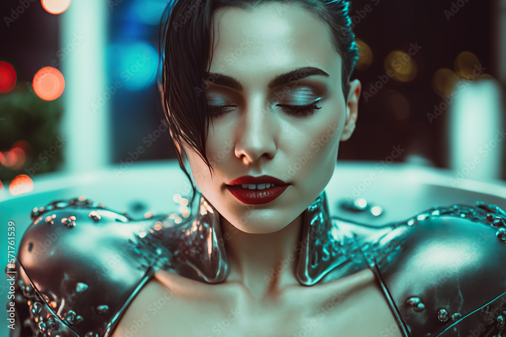 portrait of a beautiful sexy cyborg girl in a bathtub with water from ...