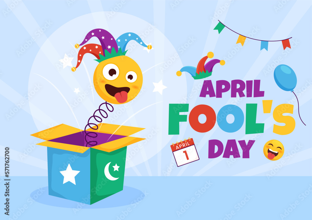 Happy April Fools Day Celebration Illustration Wearing A Jester Hat And Surprise For Web Banner