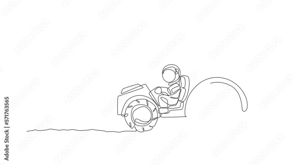 Animation of one line drawing of astronaut riding tractor to leveling ...