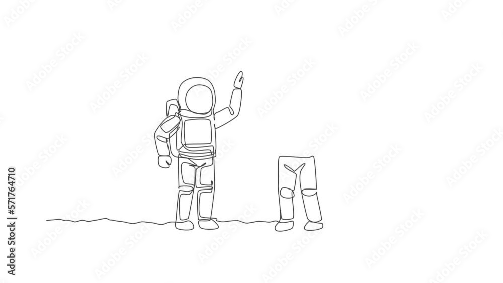 Animated self drawing of one continuous line draw two young happy astronauts giving high five ...