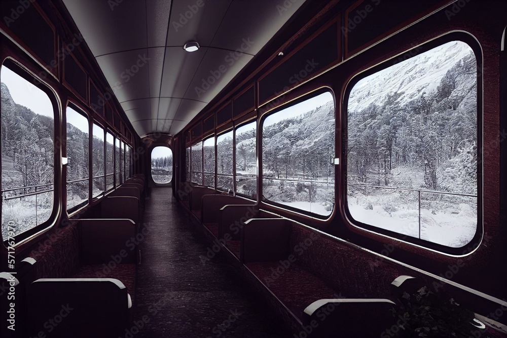 Inside of a luxury train carriage. Travelling across a wintery ...