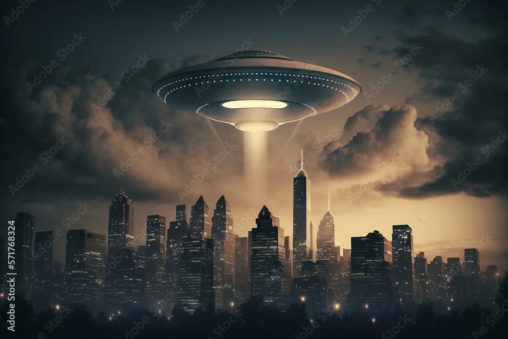 UFO in city sky, unidentified flying object, generative AI ...