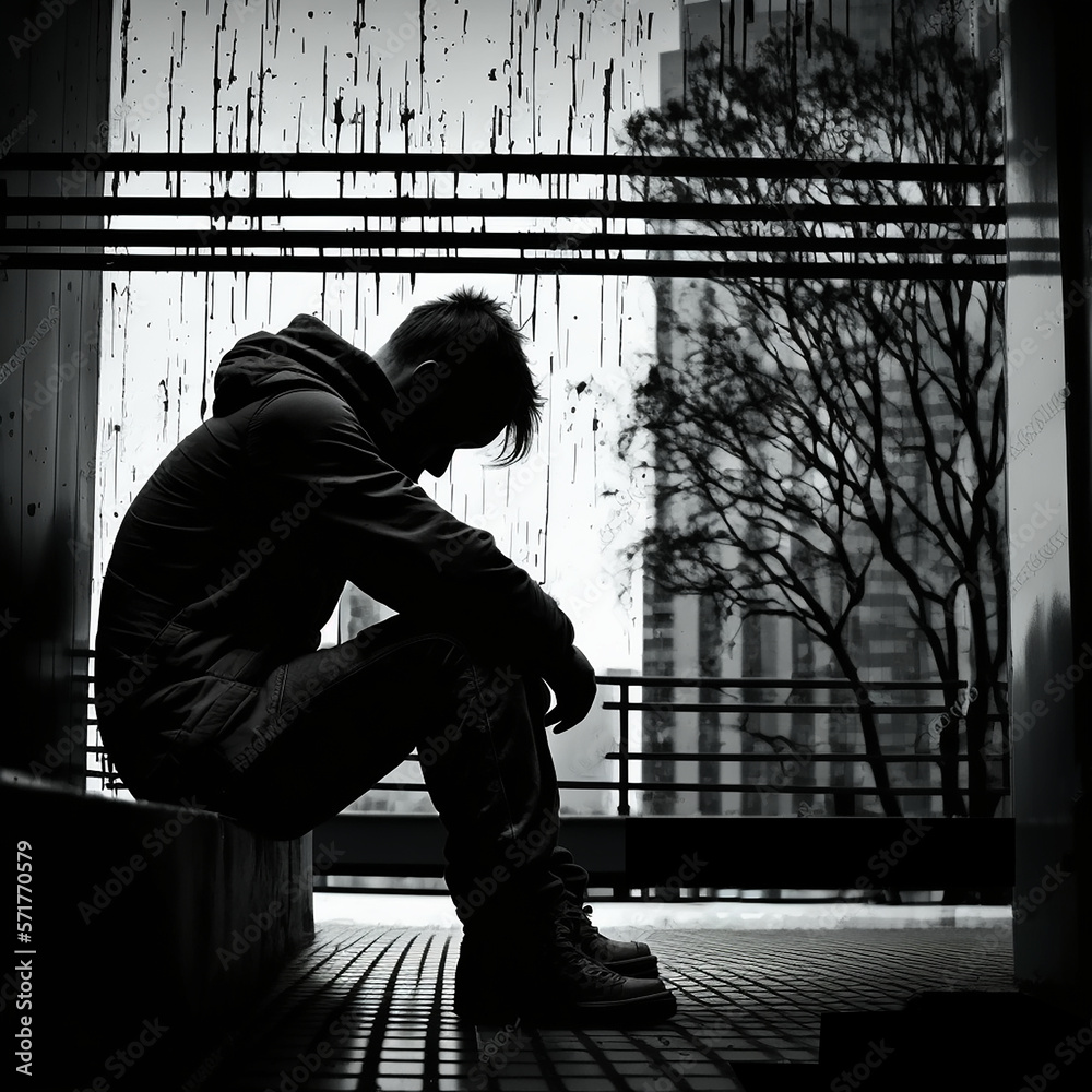 Sad man, lonely and unhappy. Silhouette of depressed man sitting head ...