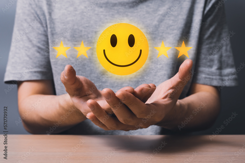 Smiley emoji for customer positive review. Rating satisfaction for ...