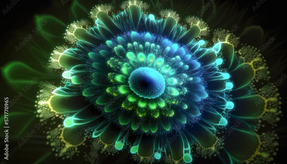 Sacred geometry glowing flower fractal with particles and light ...