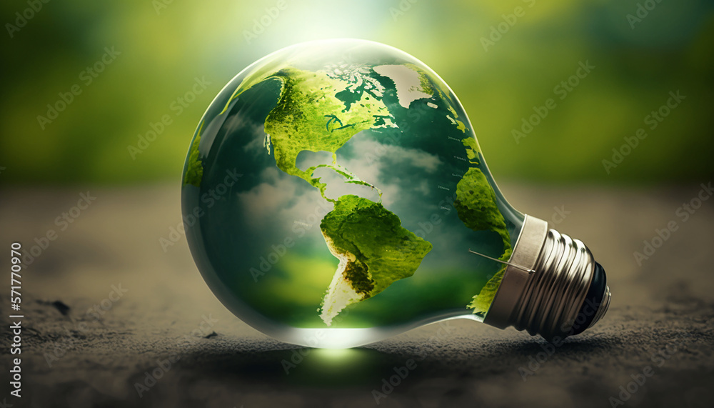 The green world map is on a light bulb that represents green energy ...