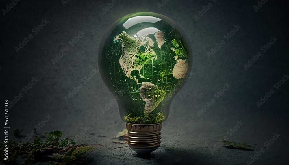 The green world map is on a light bulb that represents green energy ...