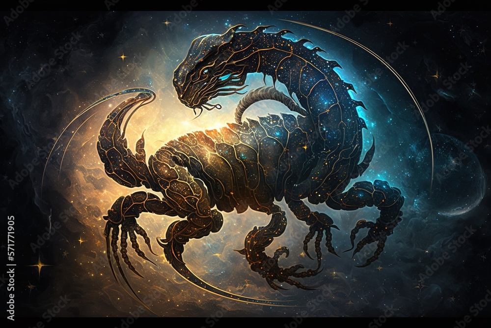 Backdrop of sacred zodiac Scorpius symbols, astrology, alchemy, magic ...