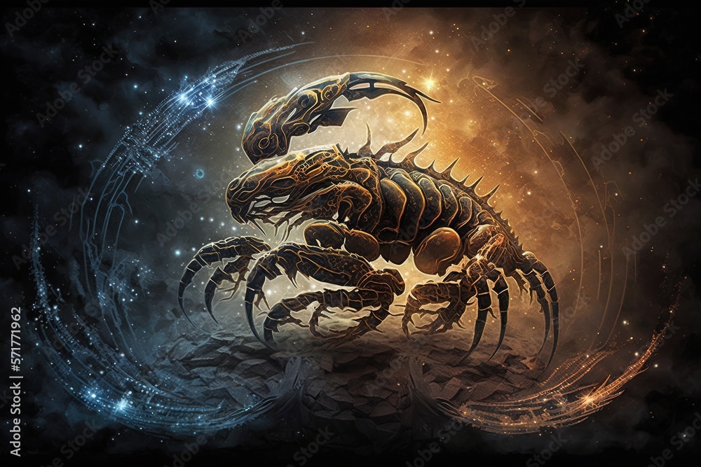 Backdrop of sacred zodiac Scorpius symbols, astrology, alchemy, magic ...
