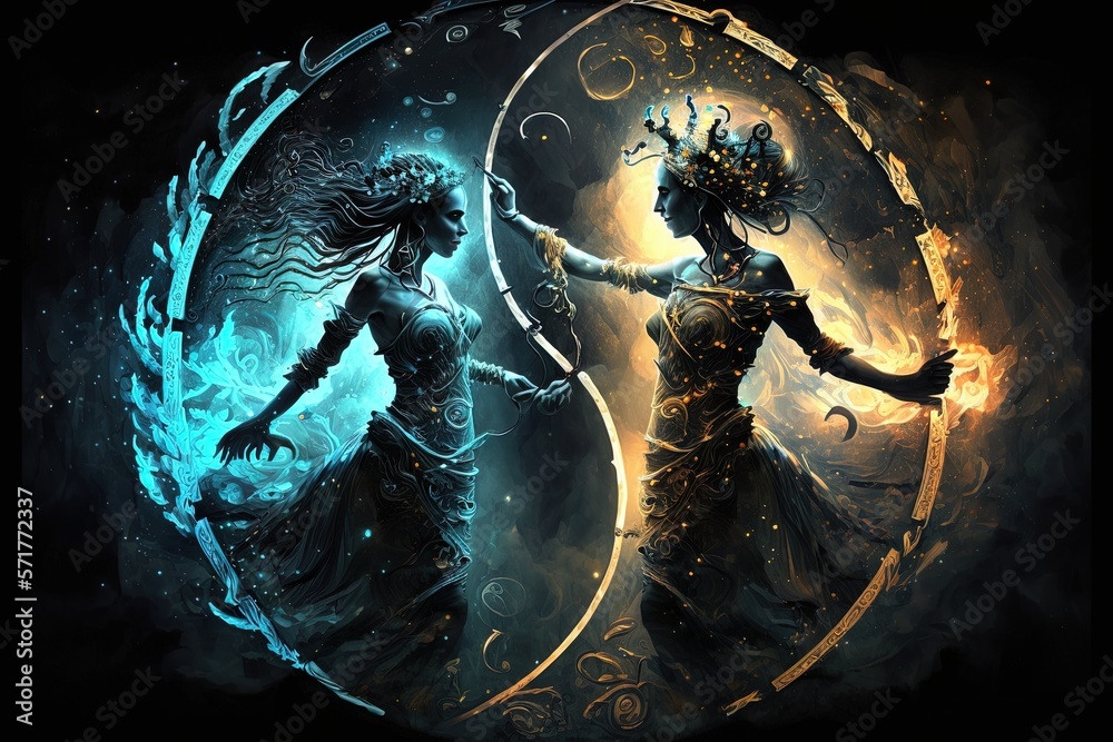 Backdrop of sacred zodiac Gemini symbols, astrology, alchemy, magic ...