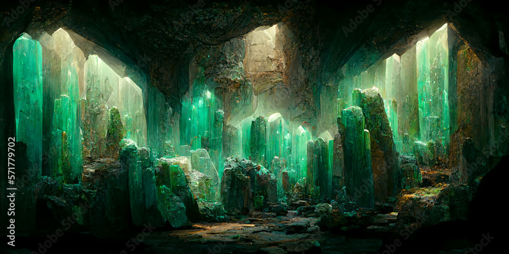 cave walls full_of_emerald stones. Generative AI Stock Illustration ...