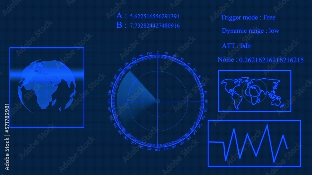 Digital technology world map, different information showing radar ...