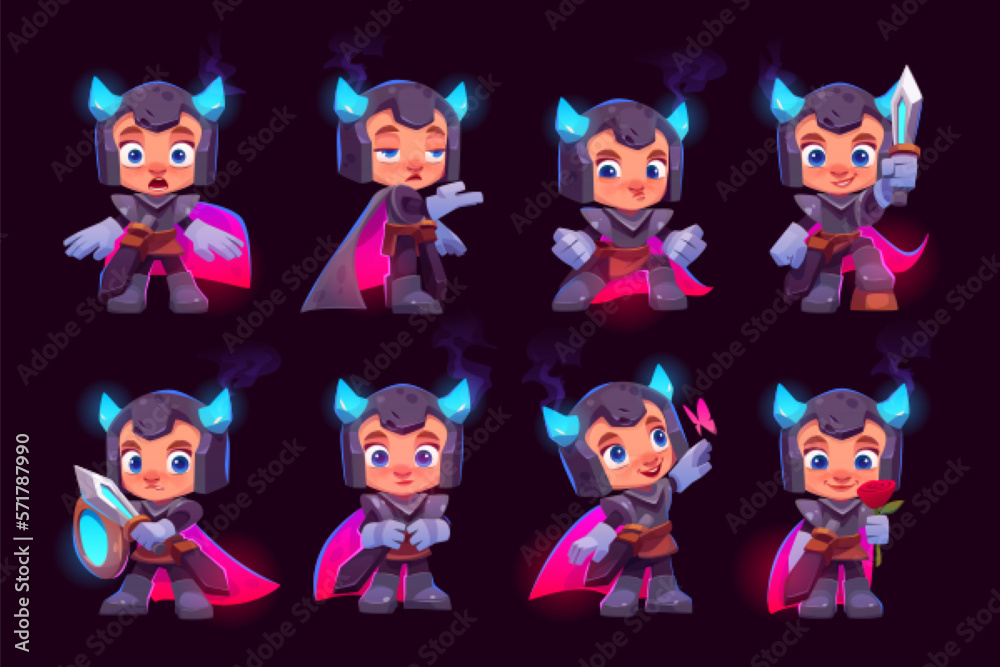 Cartoon set of cute knight character in different poses isolated on ...