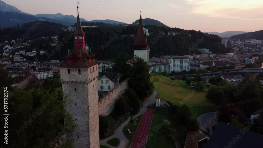 Aerial view of old caste walls at Museggmauer and its watchtower in ...