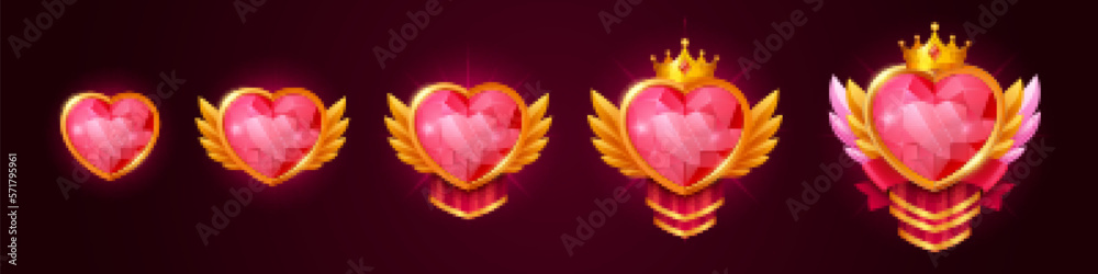 Set of heart shape game rank frames isolated on background. Vector ...