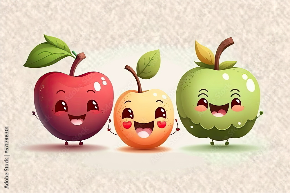cartoon characters of apple, happy and smile, cute fruit monsters ...