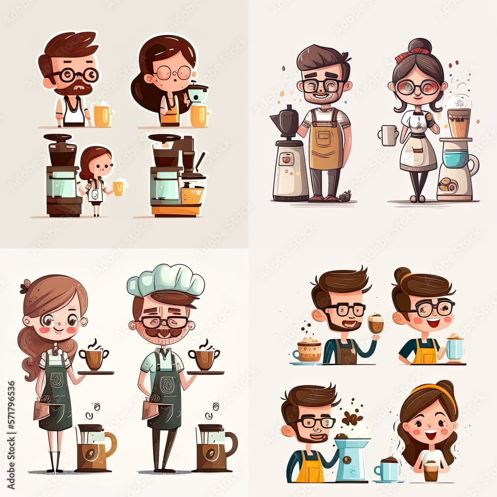 cute cartoon couple barista in apron , happy character, white ...