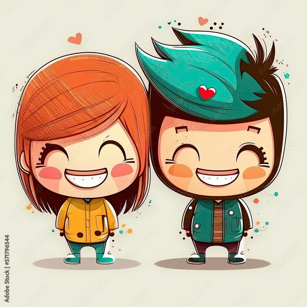 smile couple stricker cute cartoon, love character, vector, white ...