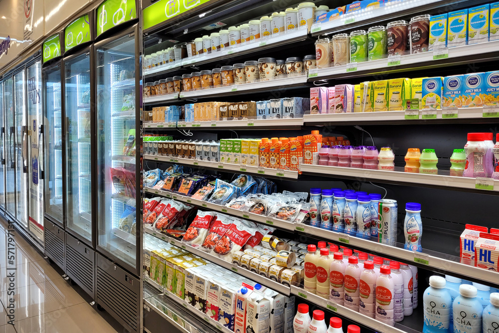 PENANG, MALAYSIA - 15 FEB 2023: Huge fridge with various choice foods ...