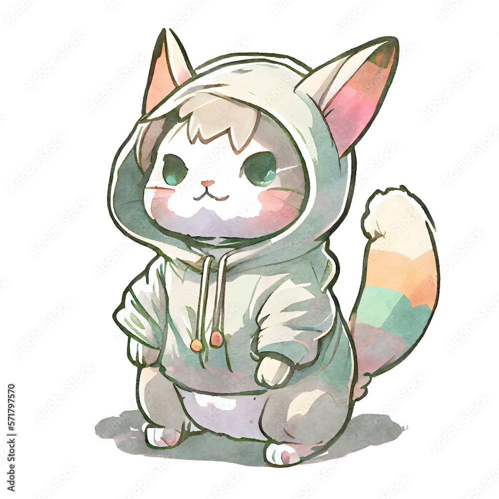 Cute Chibi Cat Wearing Hoodie watercolor Clipart PNG Stock Illustration ...