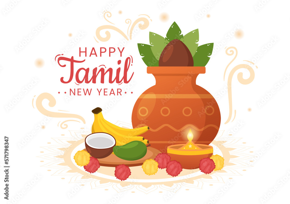 Happy Tamil New Year Illustration with Vishu Flowers, Pots and Indian ...