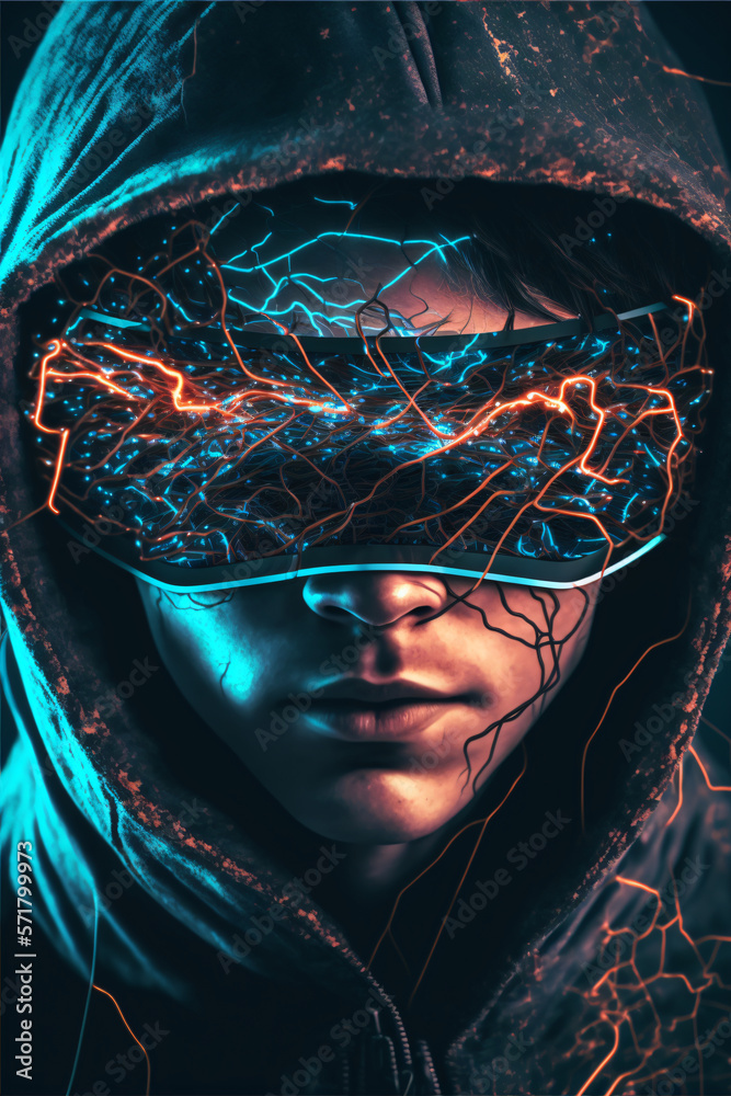 a person wearing a VR headset, cybersecurity, cyberpunk, hacking, VR ...