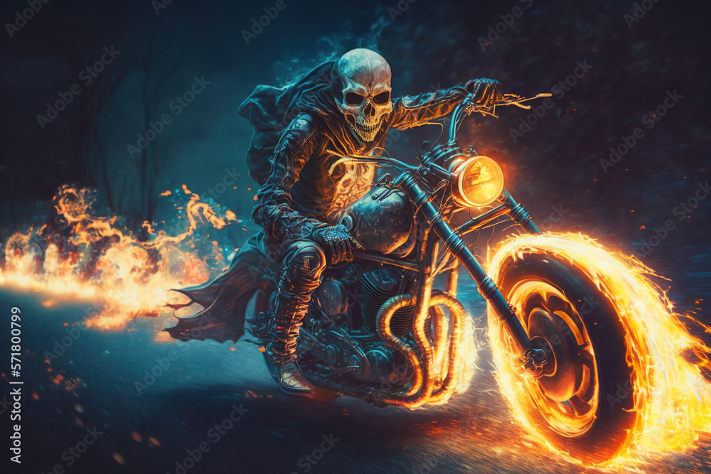 ภาพประกอบสต็อก Fire skeleton rider on motorcycle, scary ghost biker ...