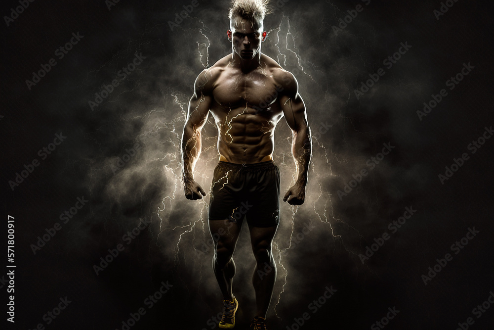 Strong man in lightning flashes, athlete silhouette with inner energy ...