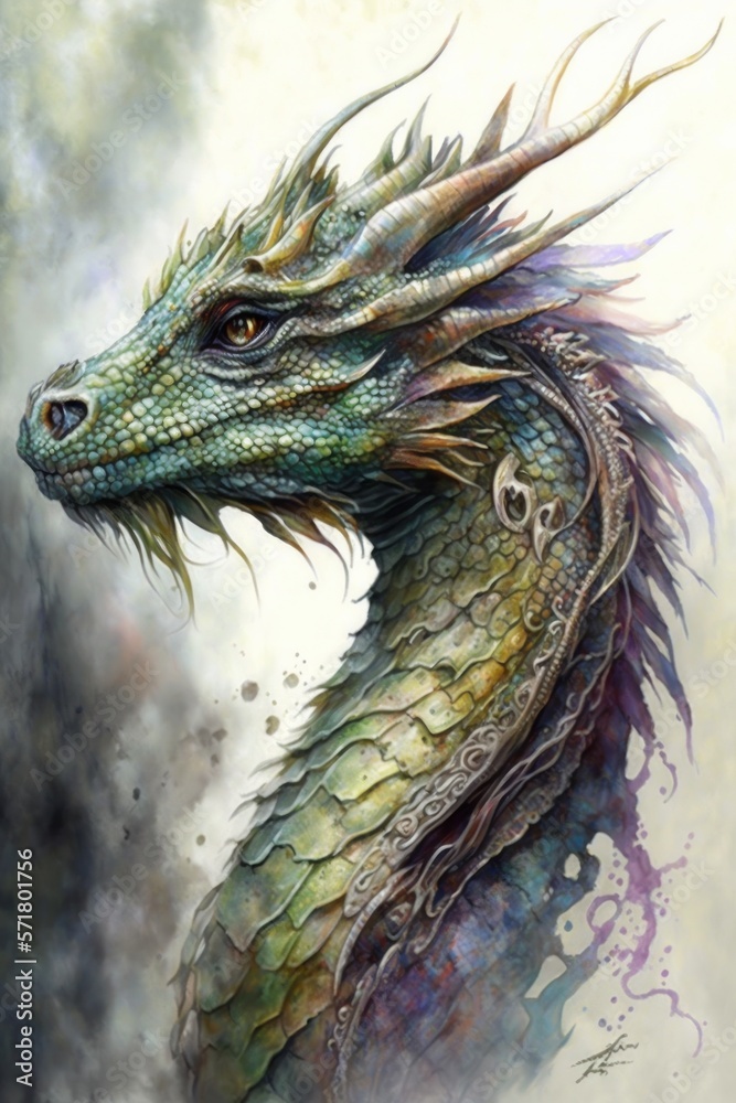 Ultra-Detailed dragon Drawing with Subtle Watercolor Accents Generative ...