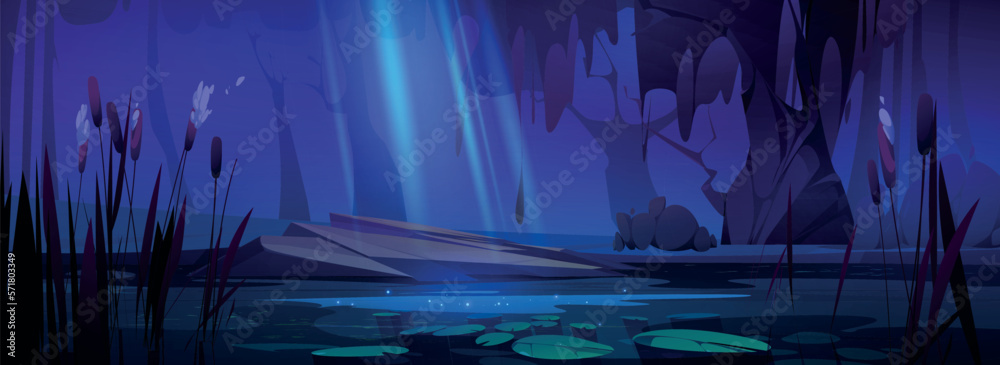 Cartoon pond with cattails at night. Vector illustration of fantasy ...