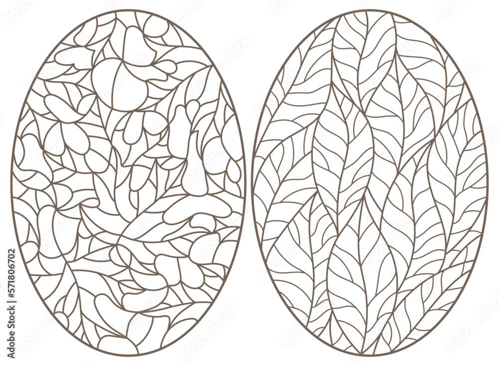 Set of outline illustrations of stained glass Windows with leaves of ...